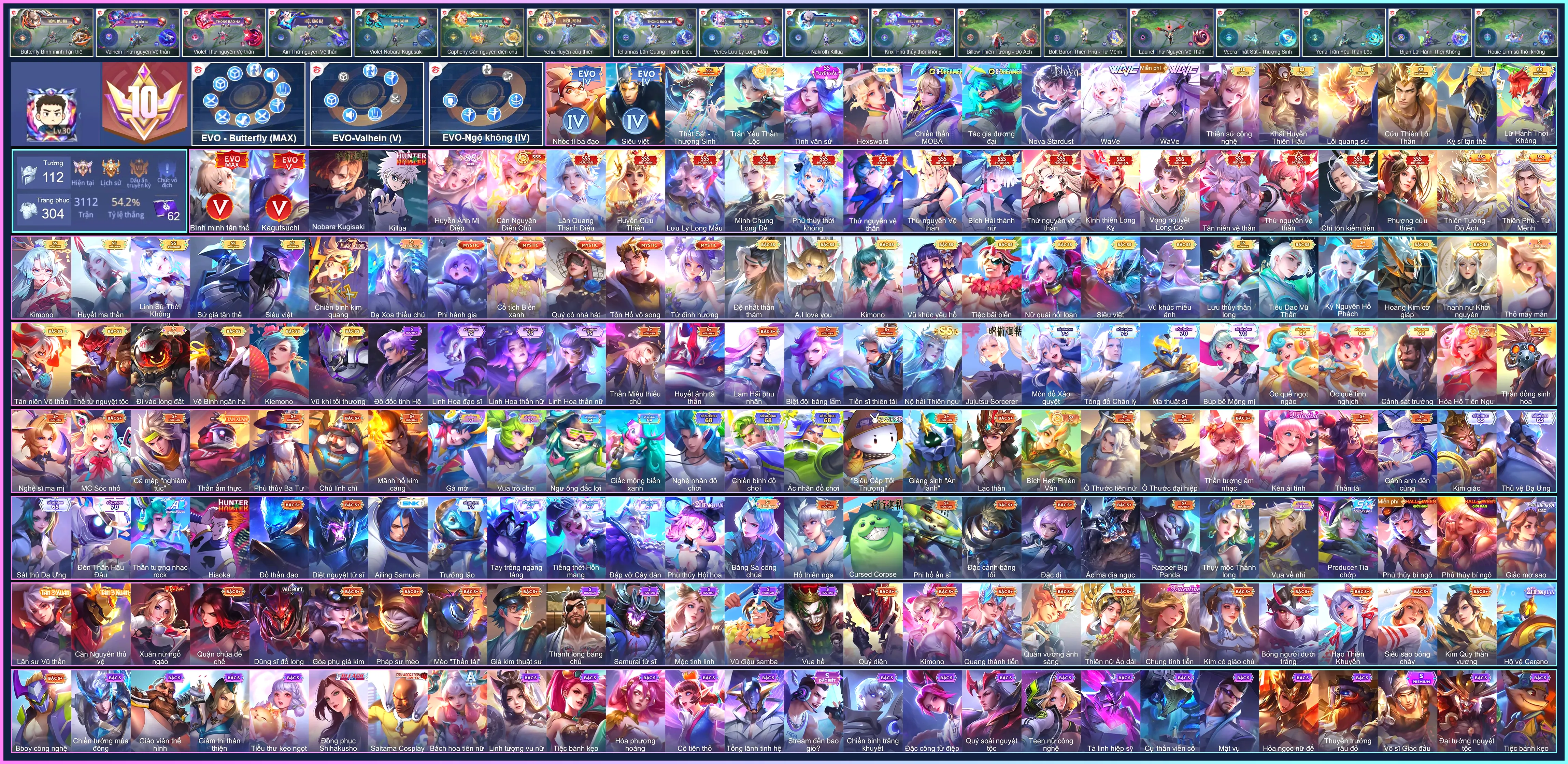 Acc #64282: (VIP 10) 16 SKIN SSS, Nakroth Killua, Violet nobara, Butter ...